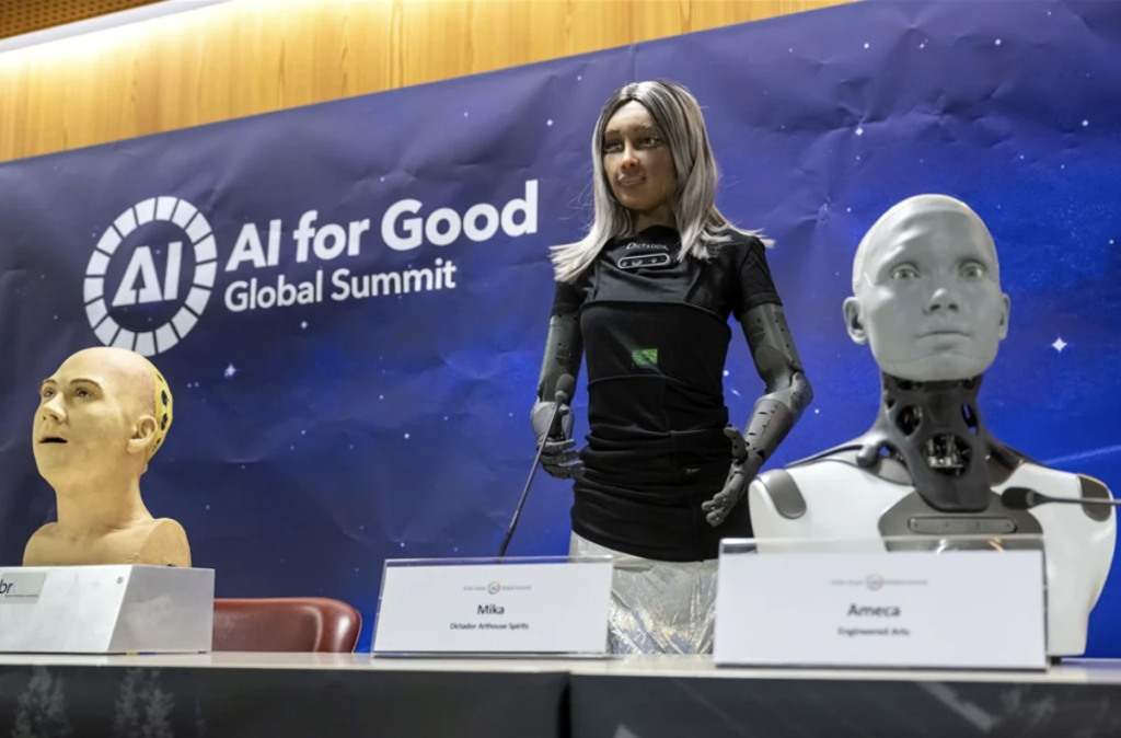Human-looking robots take questions at event about the future of AI ...